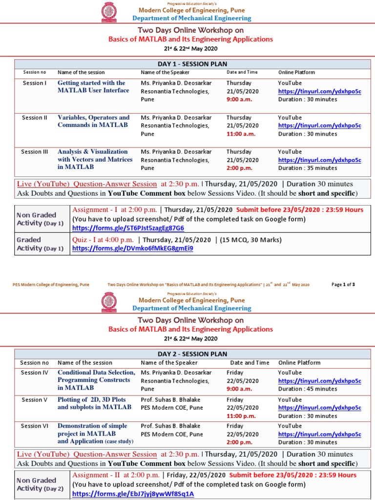 MATLAB Workshop SESSION PLAN 7.0 | PDF | Matlab | You Tube