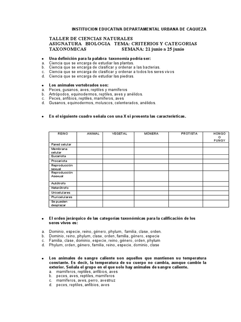 Taller para Grado Sexto Taxonomia | PDF | Organismos | Taxonomía (biología)