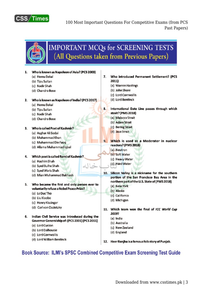 100 Most Important Questions For Competitive Exams (From PCS Past ...