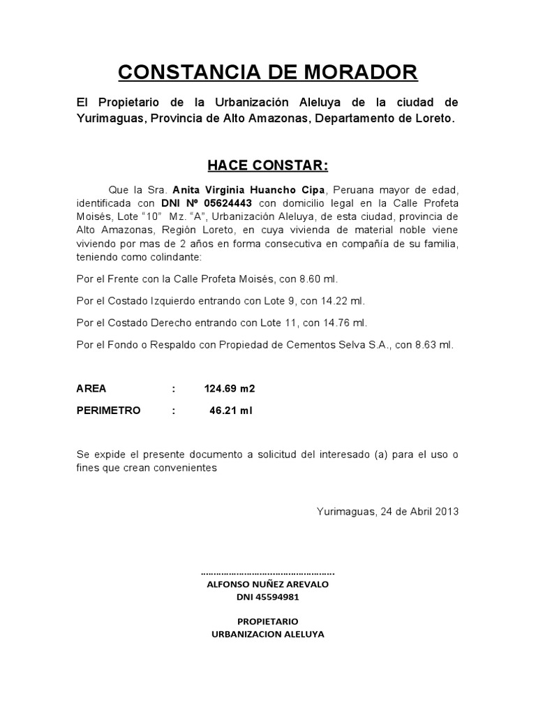 Constancia de Morador Alfonso Nuñez Arevalo | PDF