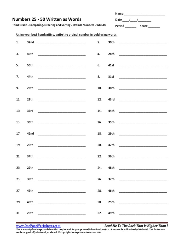 Third Grade Comparing Ordering and Sorting Ordinal Numbers WKS 09 ...