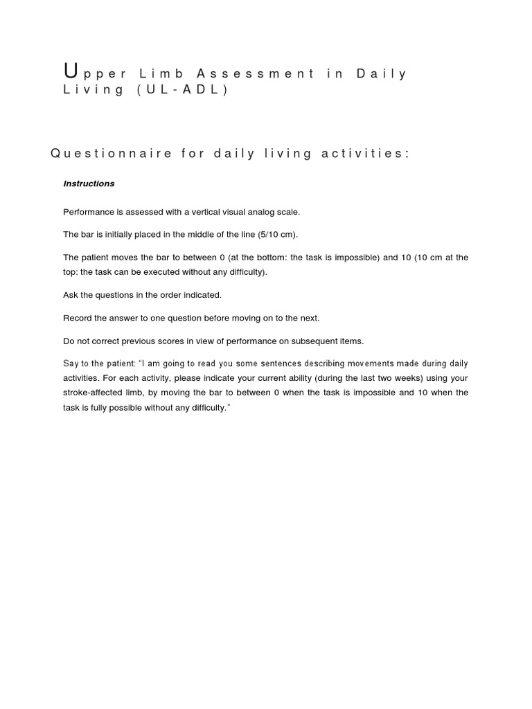 Pper Limb Assessment in Daily Living (UL-ADL) : Instructions | PDF ...