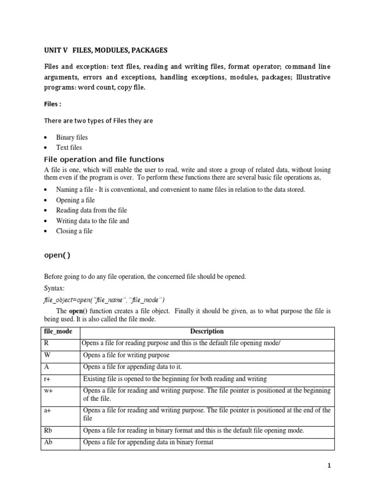 Unit V Files, Modules, Packages: File Operation and File Functions | Download Free PDF ...