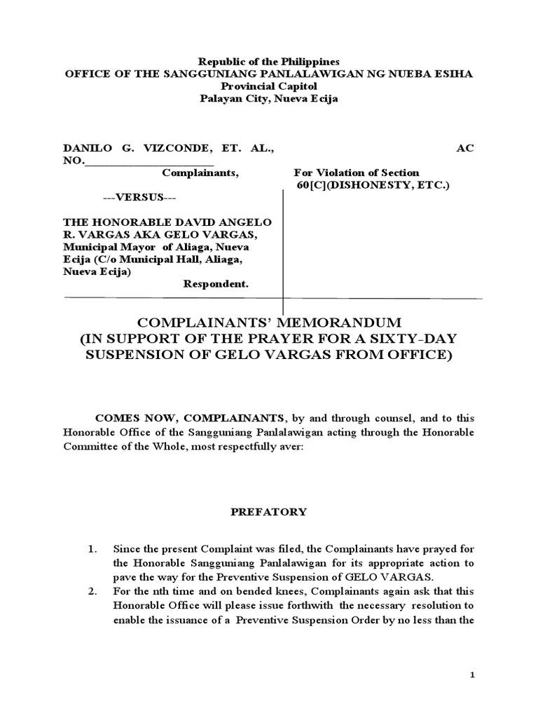 Complainants' Memorandum in Support of The Motion For Preventive ...