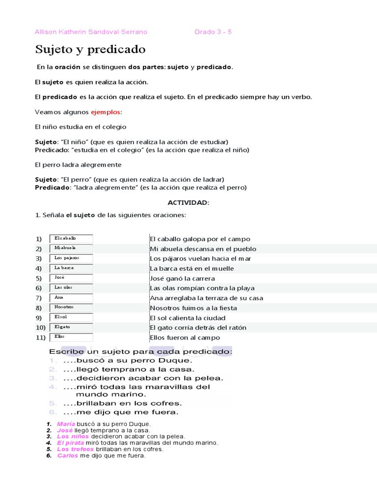 Tarjeta de Sujeto y Predicado | PDF