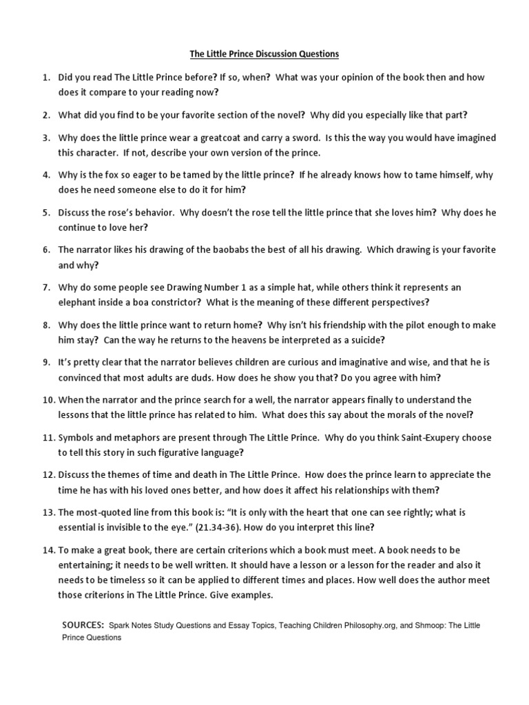 The Little Prince Discussion Questions PDF | PDF | The Little Prince ...