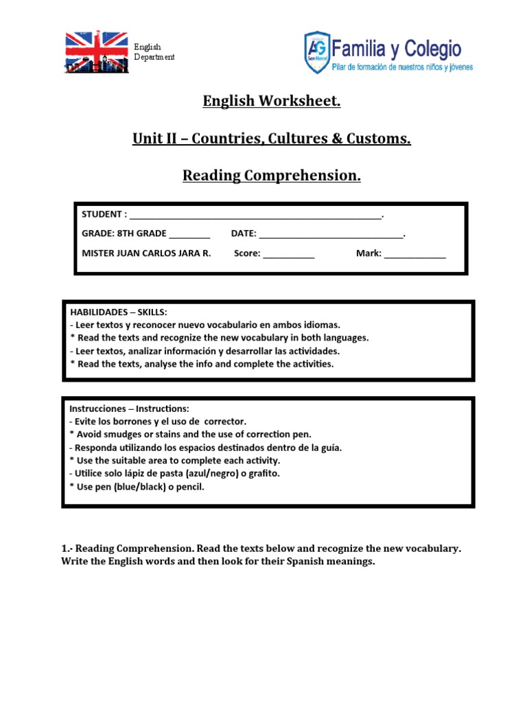 English Worksheet. Unit II - Countries, Cultures & Customs. Reading ...
