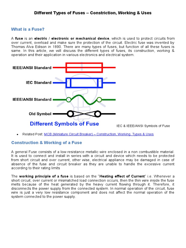 Fuse and Types of Fuses - Constructio, Operation & Applications | PDF ...