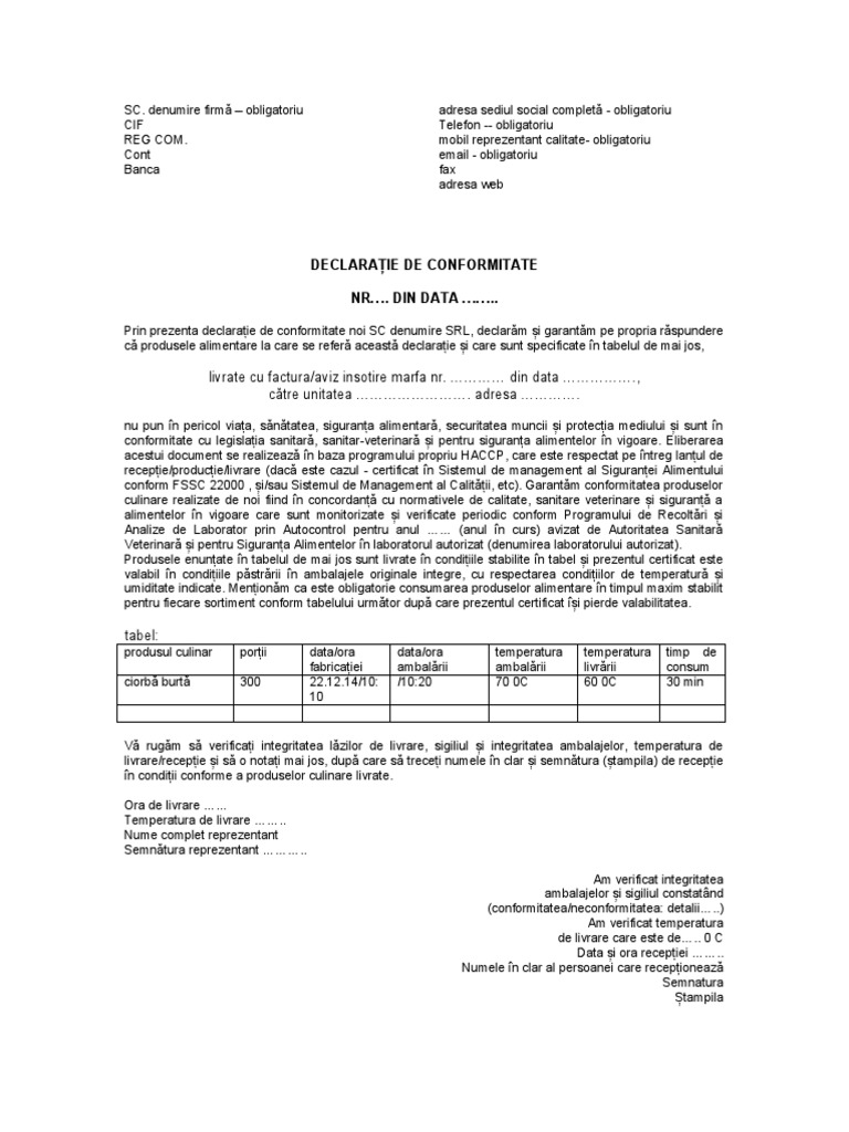 Model Declaratie Conformitate | PDF