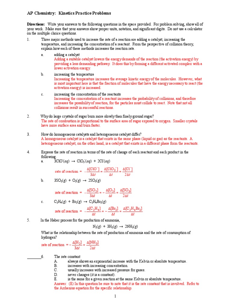 Ap Chemistry: Kinetics Practice Problems: Rate of Reaction - (Clo (Clo ...