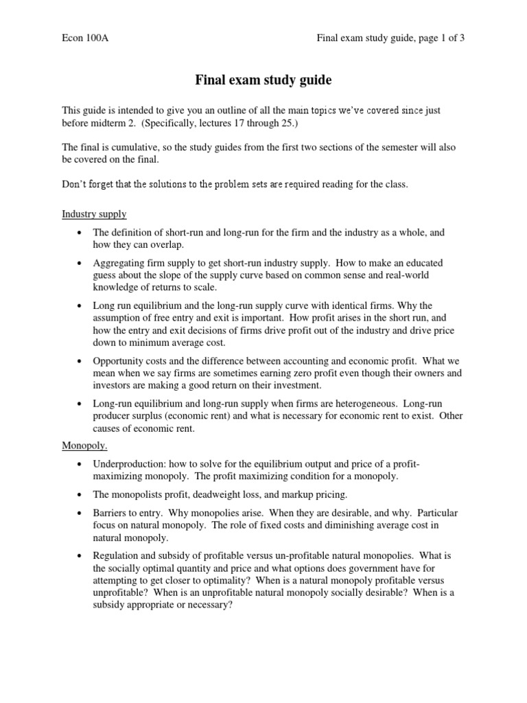 Econ 100A Final Exam Study Guide | PDF | Profit (Economics) | Long Run And Short Run