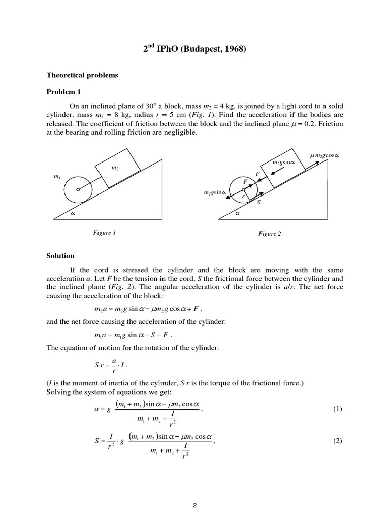 Acceleration of a Block and Cylinder Connected by a Cord on an Inclined Plane (IPhO 1968 Problem ...
