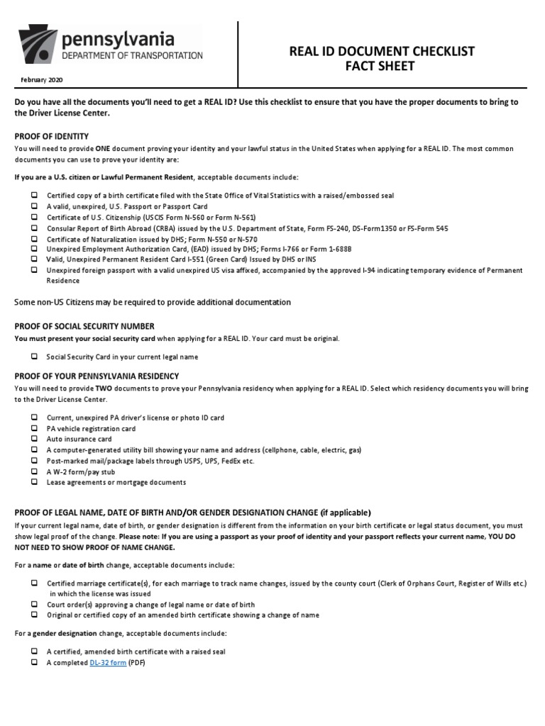 Real Id Document Checklist Fact Sheet | Download Free PDF | Identity ...