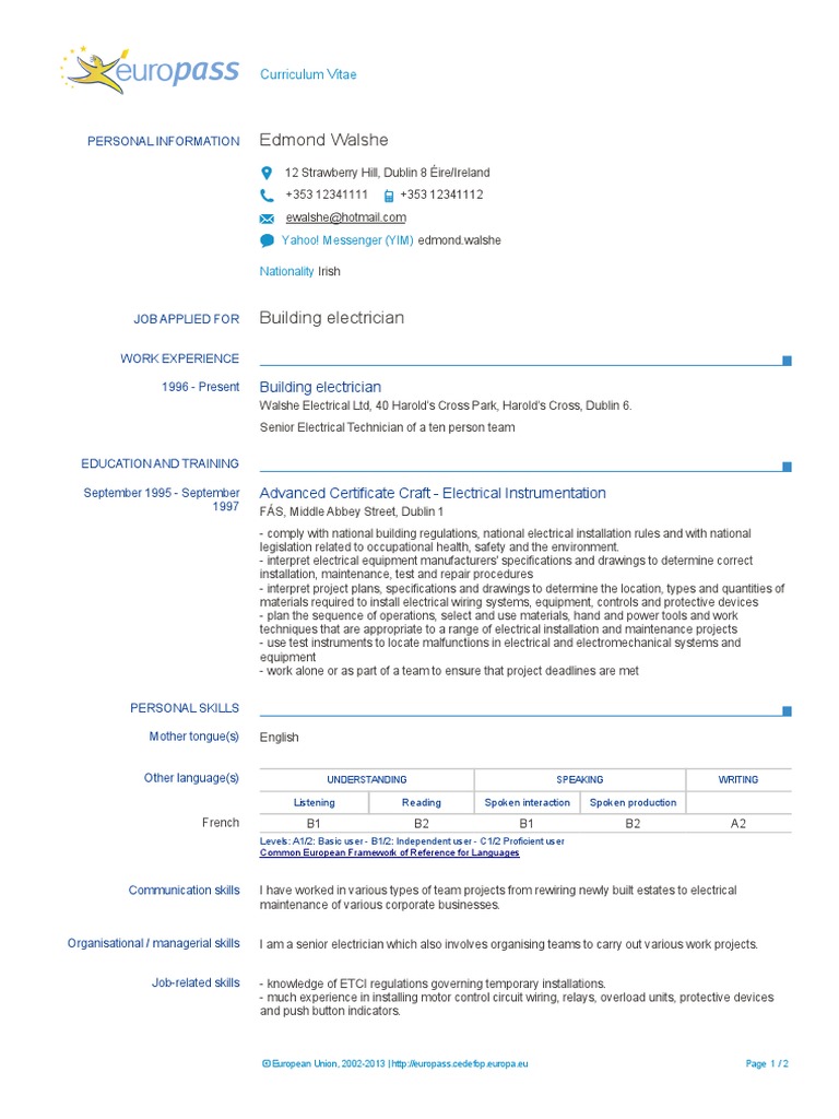 Europass CV Example 1 en - Ie PDF | PDF | Electrician | Professional ...