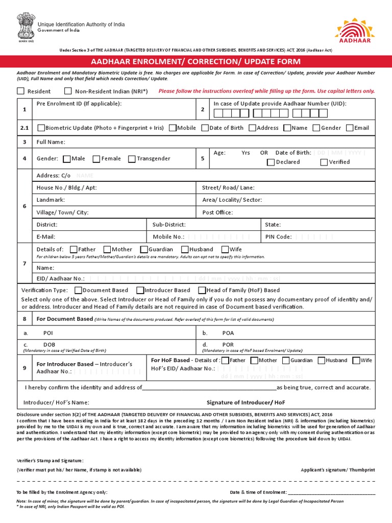 Aadhaar Enrollment and Update Form | PDF | Identity Document | Document