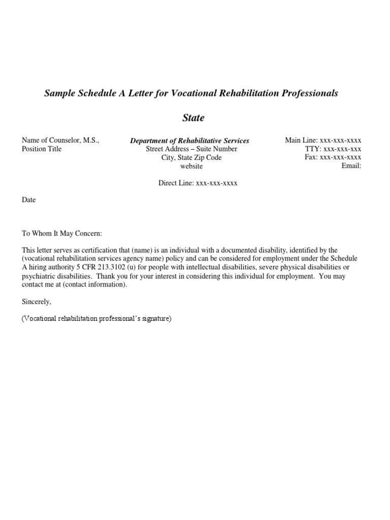 Sample Schedule A Letter For Vocational Rehabilitation Professionals ...