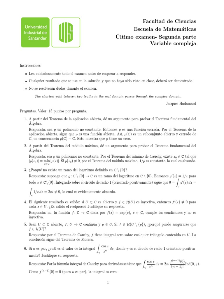 Examen de Variable Compleja | PDF | Análisis complejo | Logaritmo