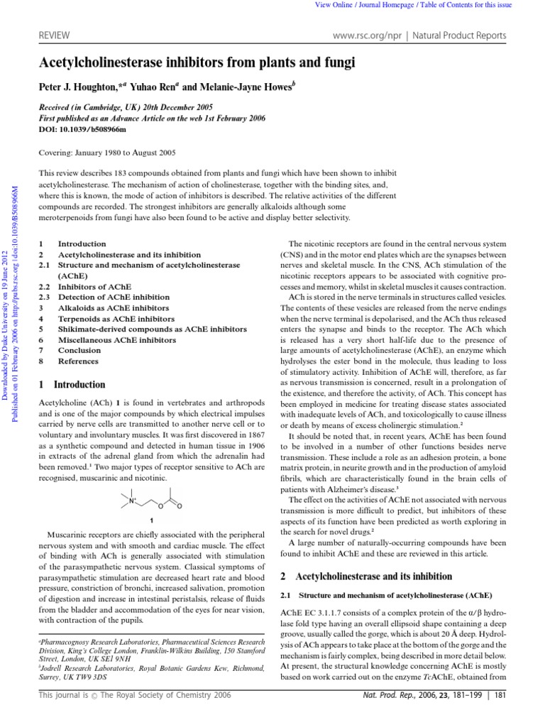 Acetylcholinesterase Inhibitors From Plants and Fungi: Peter J ...