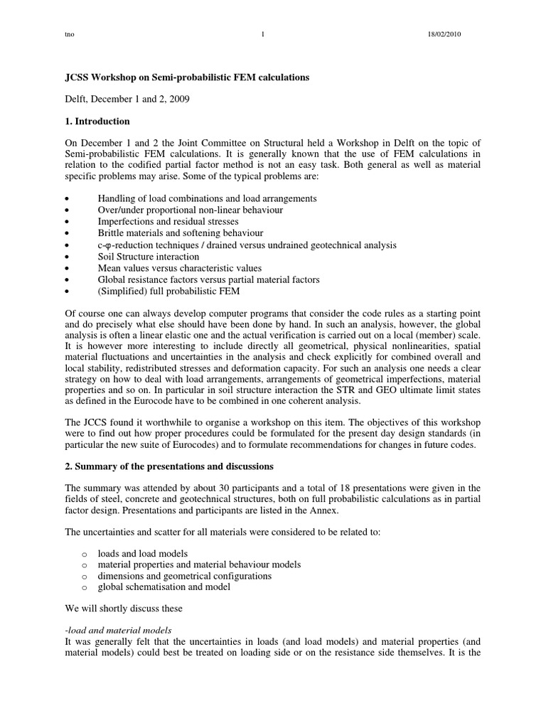 JCSS Workshop On Semi-Probabilistic FEM Calculations: - Load and Material Models | PDF | Finite ...