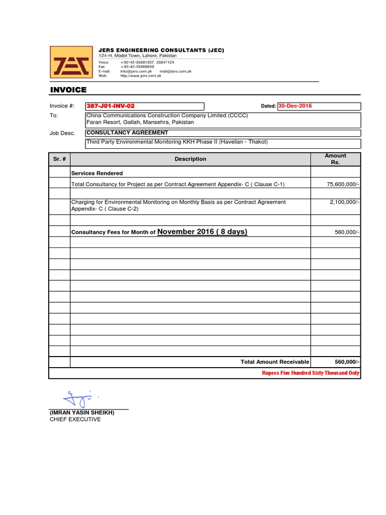 Invoice for Environmental Monitoring Consultancy Services on KKH Phase ...