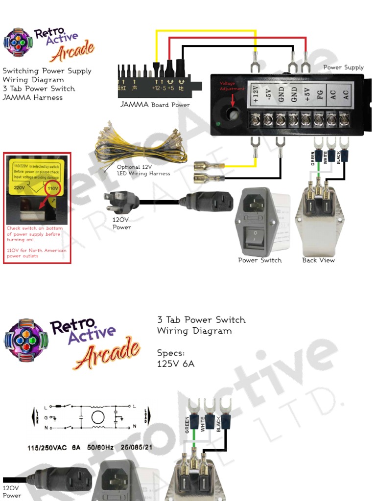 Switching Power Supply Wiring Diagram 3 Tab Power Switch JAMMA Harness ...