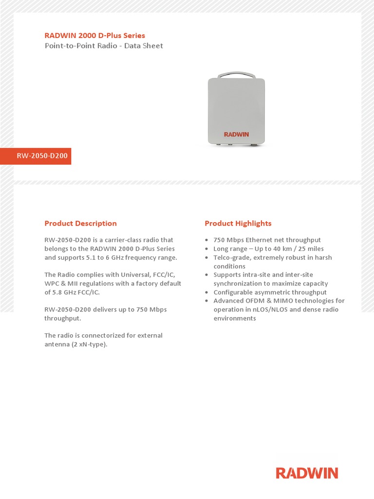 Point-to-Point Radio - Data Sheet: RADWIN 2000 D-Plus Series | PDF ...