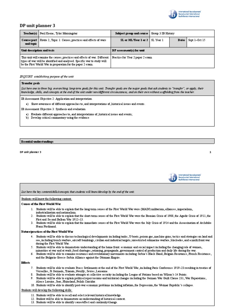 Example of History Unit Plan Using Planner 3 | PDF | World War I ...