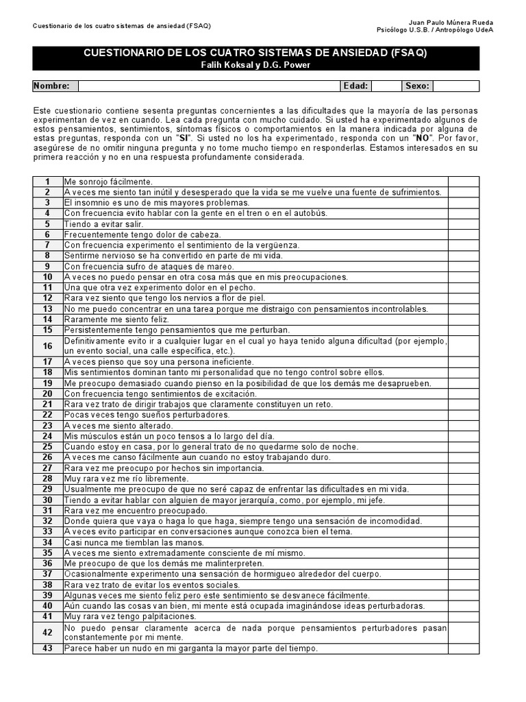 Cuestionario de Los Cuatro Sistemas de Ansiedad (FSAQ) | PDF | Ansiedad ...