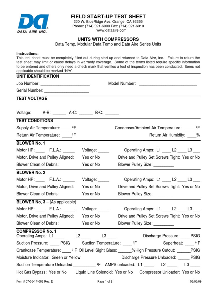 Field Start-Up Test Sheet: Units With Compressors | PDF | Electricity ...