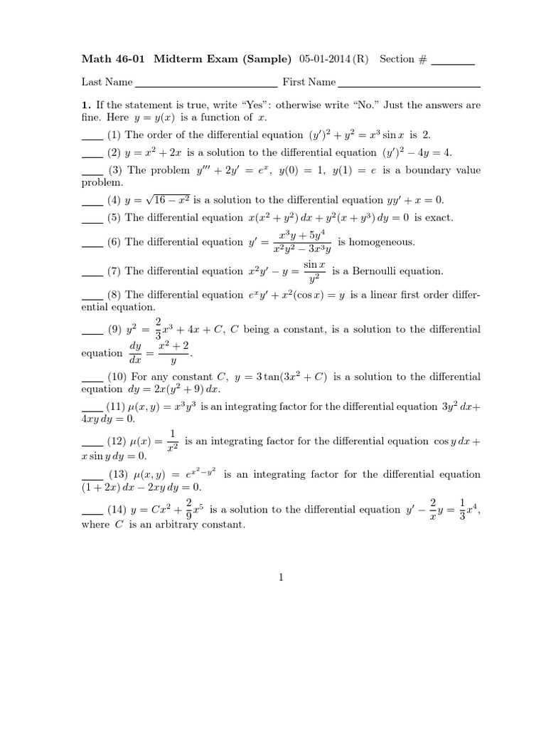 Math 46 Sample Midterm | PDF | Differential Equations | Equations