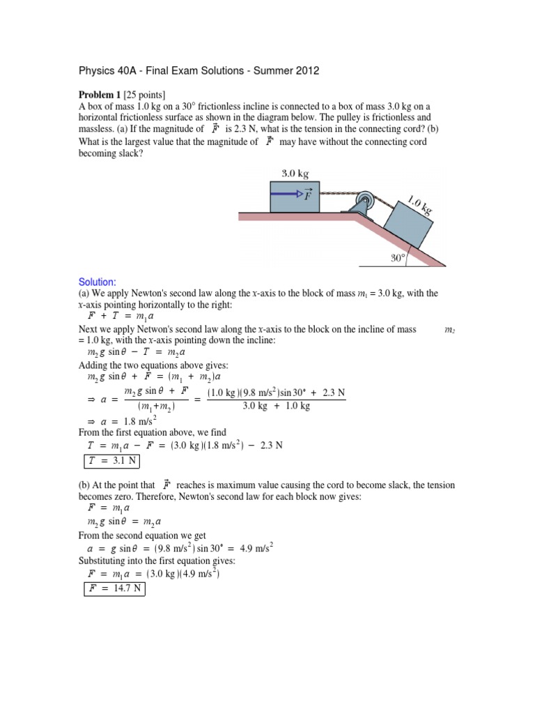 Physics 40A - Final Exam Solutions - Summer 2012: Problem 1 (25 Points) | PDF | Rotation Around ...