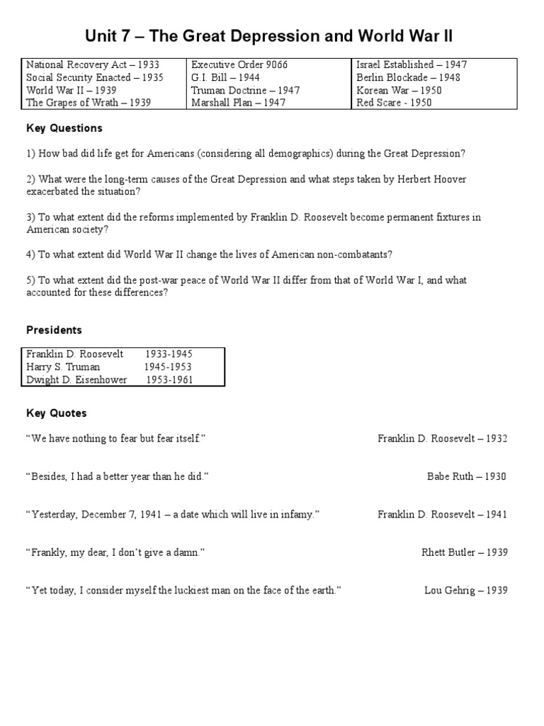 Unit 7 - The Great Depression and World War II: Key Questions | PDF ...