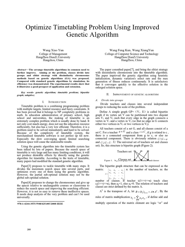 Optimize Timetabling Problem Using Improved Genetic Algorithm | PDF | Genetic Algorithm ...