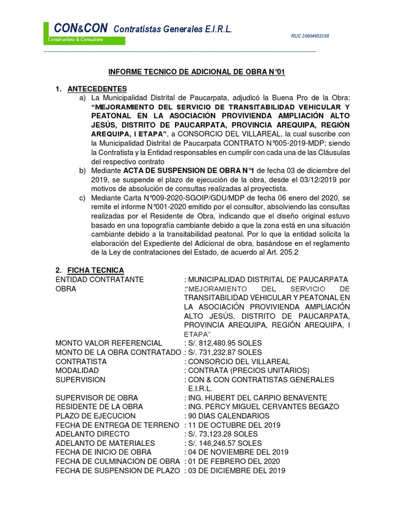 Informe Tecnico de Adicional de Obra | PDF | Presupuesto | Diseño arquitectonico