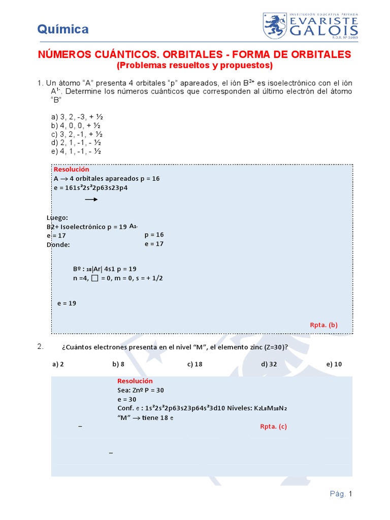 NUMEROS CUANTICOS Ejercicios Resuelto PDF | PDF | Orbital atómico | Electrón