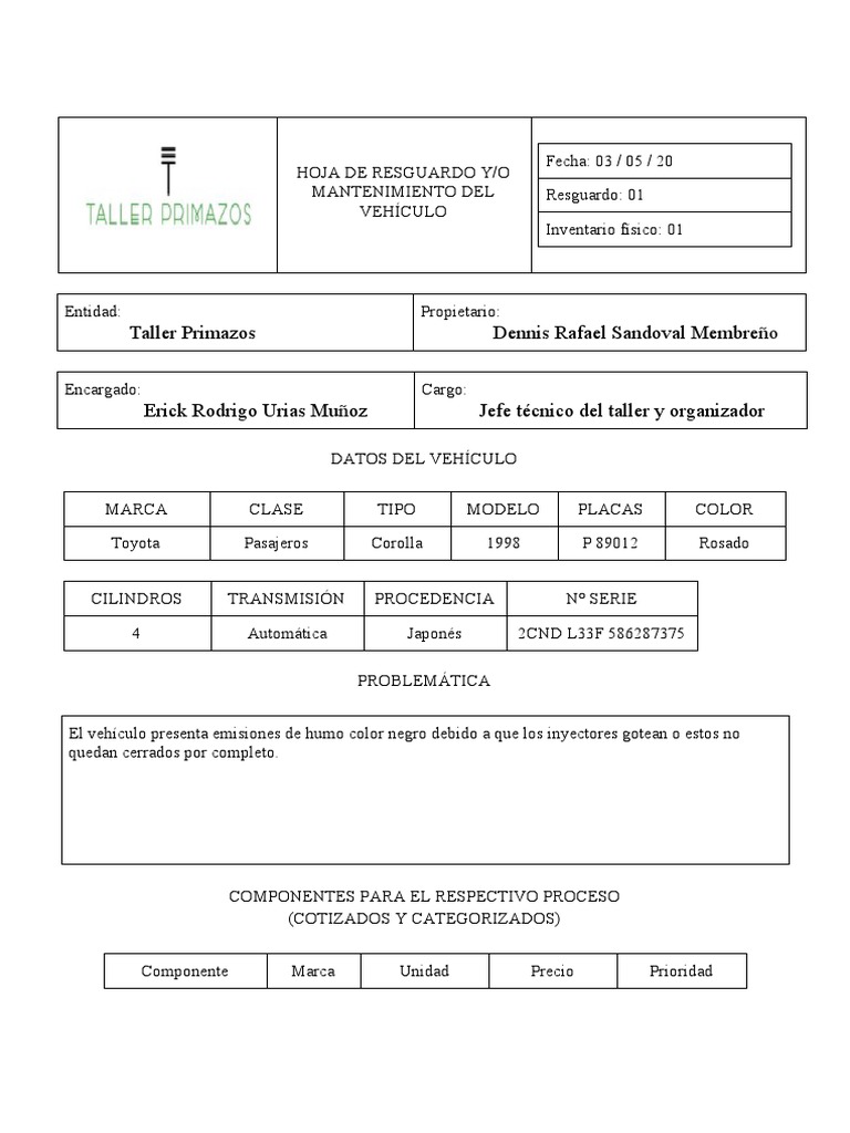 Hoja de Resguardo de Deposito | PDF | Vehículo de motor | Vehículos ...