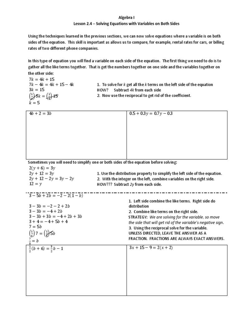 Algebra I Lesson 2.4 - Solving Equations With Variables On Both Sides ...