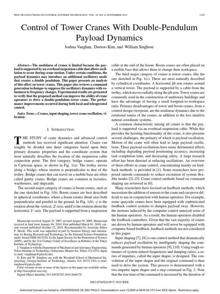 Control of Tower Cranes With Double-Pendulum Payload Dynamics | PDF | Rotation Around A Fixed ...