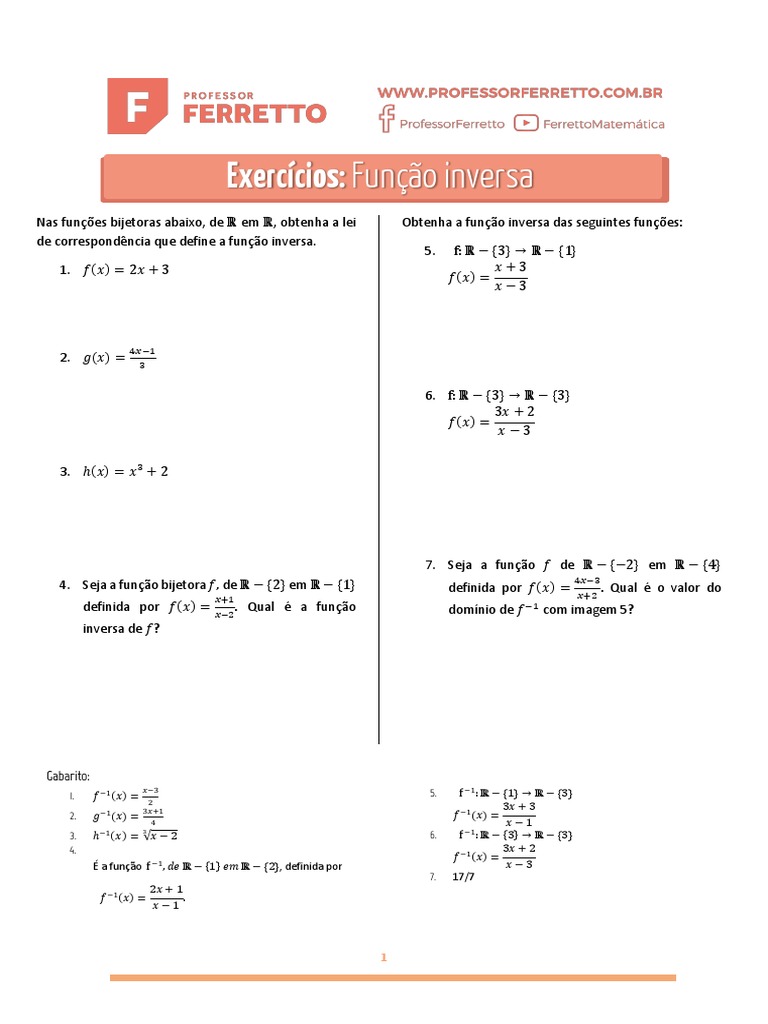 Exercícios de Função Inversa | PDF | Função (Matemática) | Conceitos ...