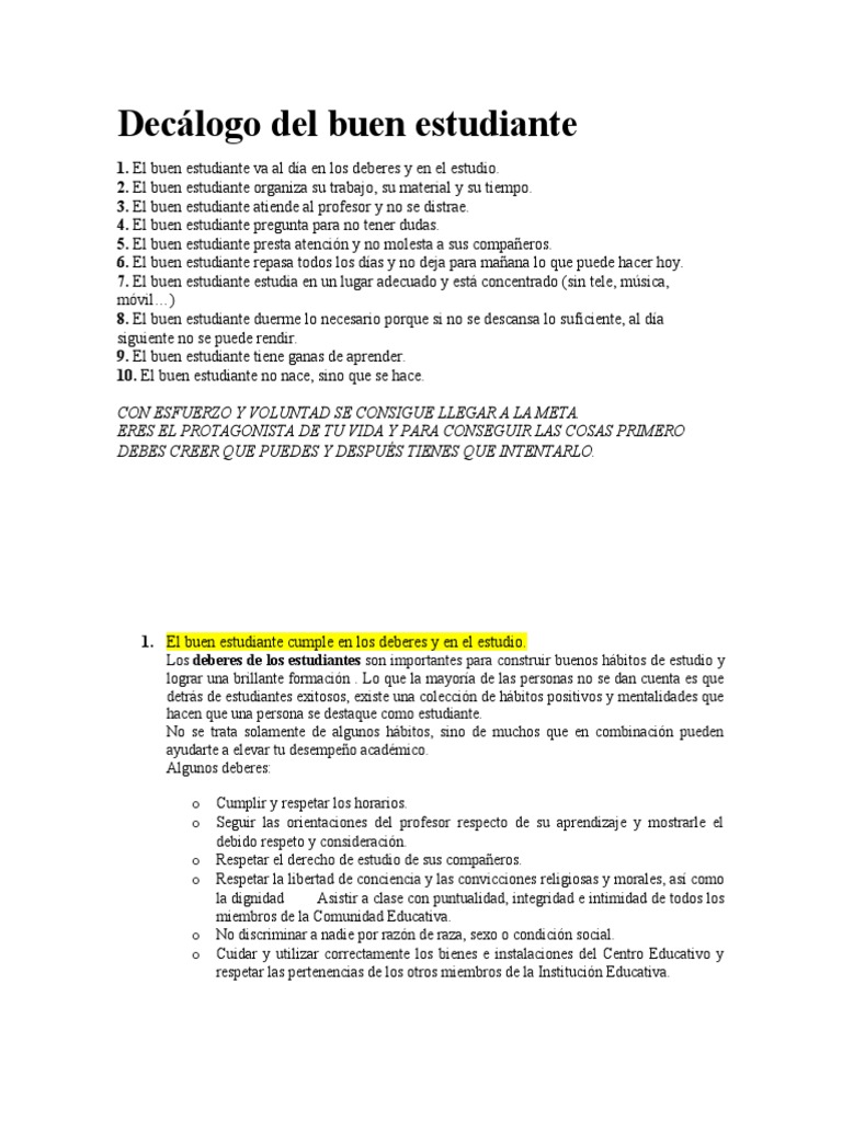 Decálogo del Buen Estudiante | PDF | Prueba (evaluación) | Maestros