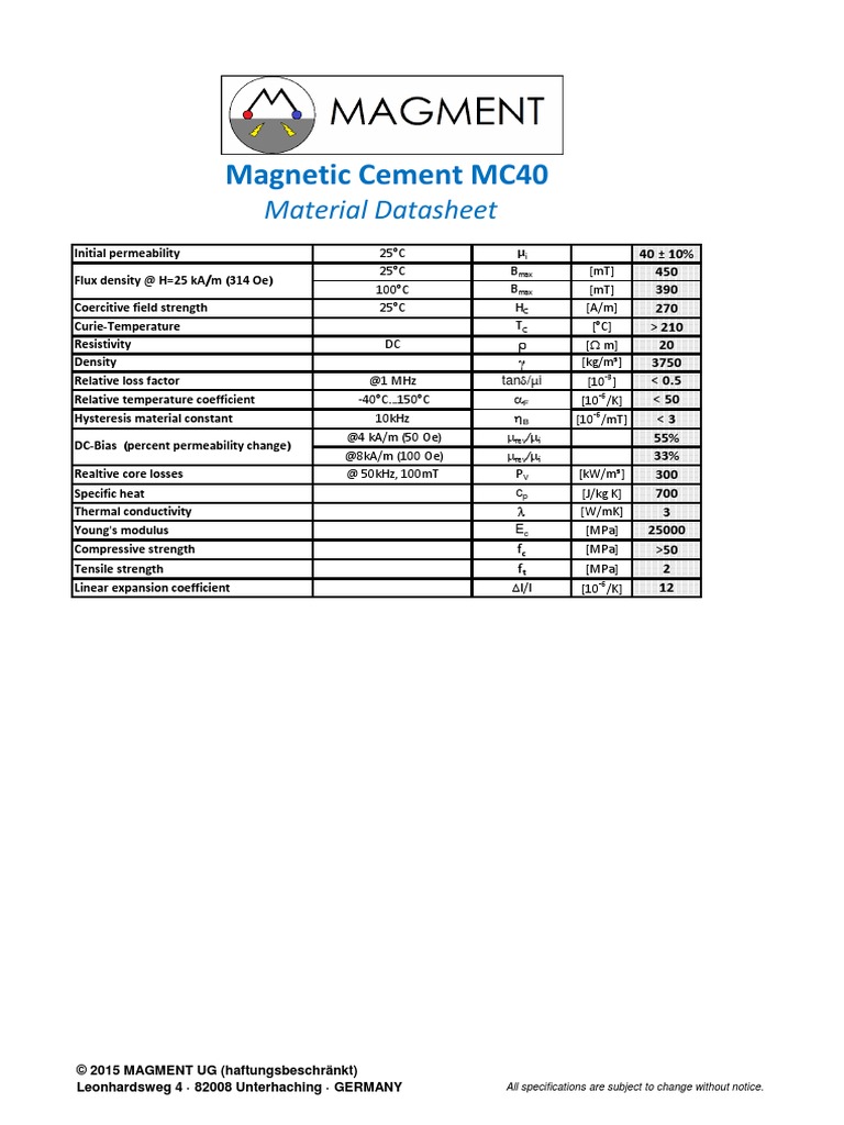 Magnetic Cement MC40: Material Datasheet | PDF | Force | Mechanics