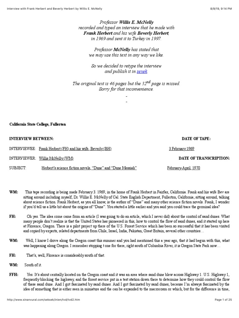 Interview With Frank Herbert and Beverly Herbert by Willis E. McNelly ...