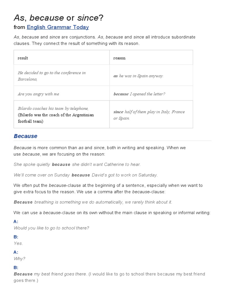 As, Because or Since?: English Grammar Today | PDF | Syntax | Linguistics