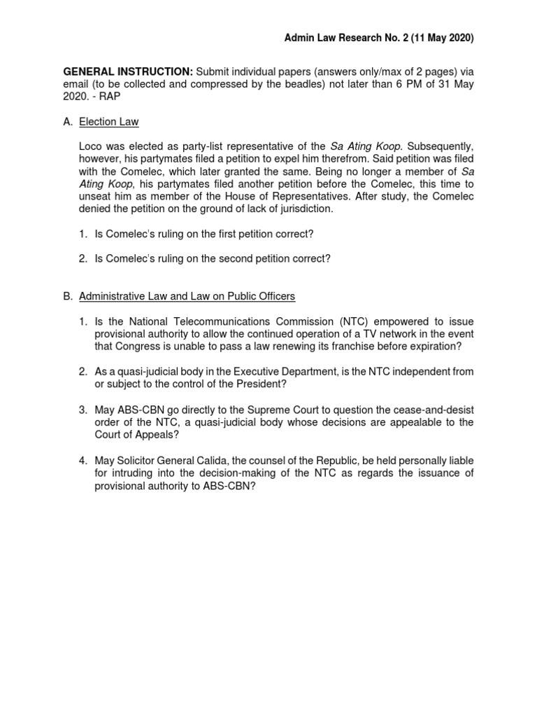 GENERAL INSTRUCTION: Submit Individual Papers (Answers Only/max of 2 ...
