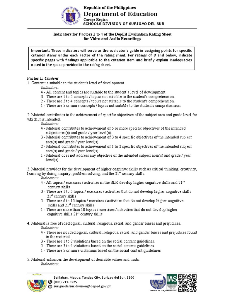 Indicators For Factors 1 To 4 of The DepEd Evaluation Rating Sheet ...