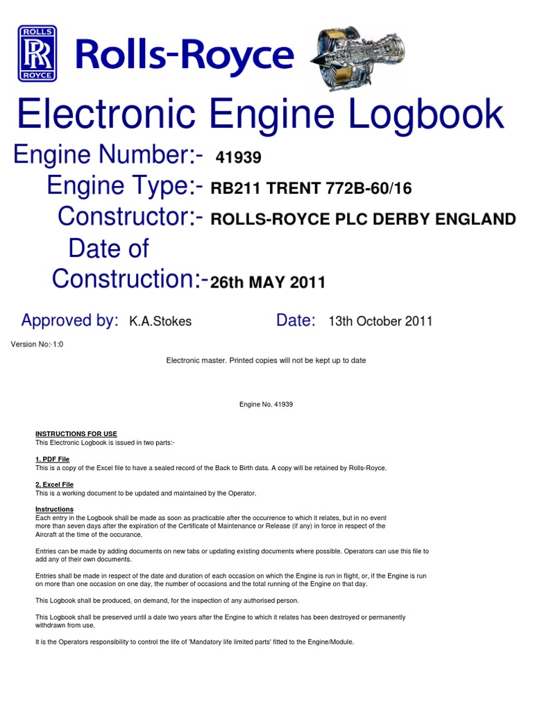 Electronic Engine Logbook: Engine Number:-Engine Type: - Constructor ...