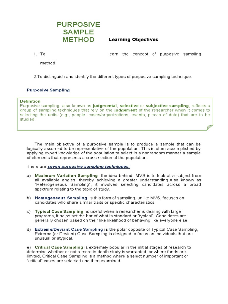 Purposive Sample Method: Learning Objectives | PDF | Sampling ...