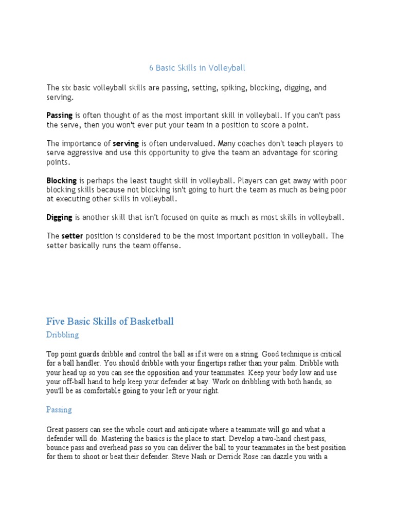 6 Basic Skills in Volleyball | PDF | Volleyball | Summer Olympic Games