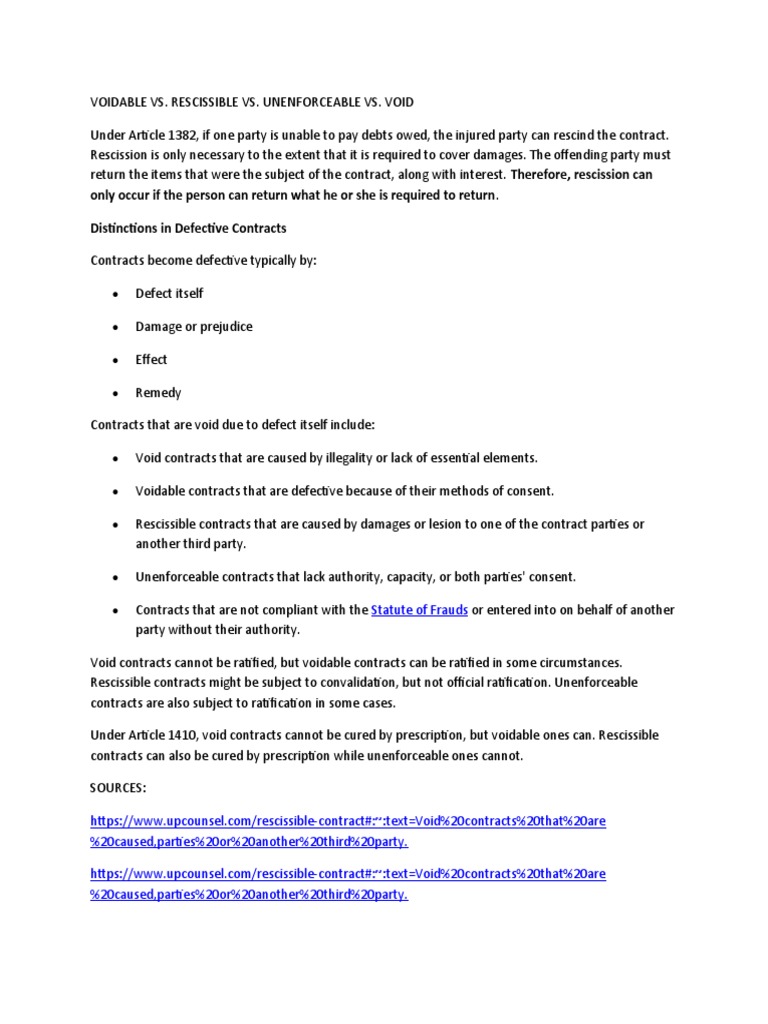Distinguishing Voidable, Rescissible, Unenforceable and Void Contracts: A Guide to Defective ...