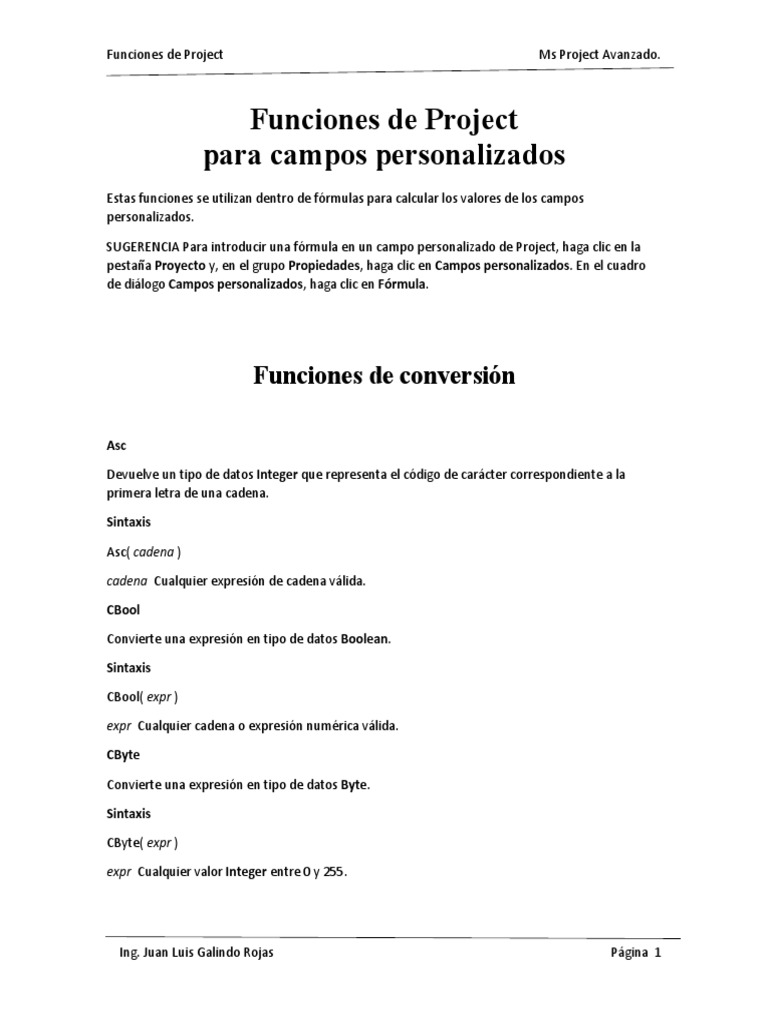 Funciones de Project | PDF | Cadena (informática) | Tipo de datos